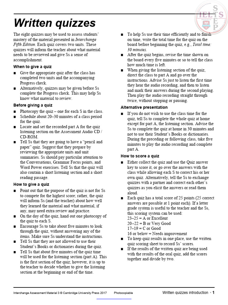 Written Quizzes: Fifth Edition. Each Quiz Covers Two Units. These 30 ...