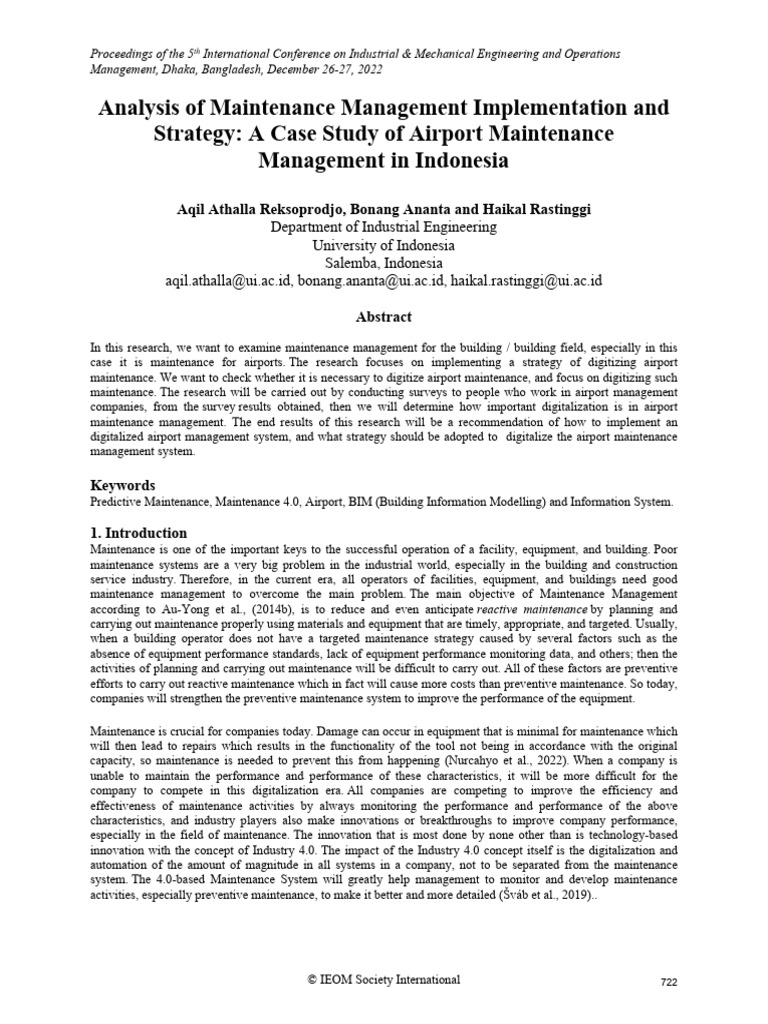 Analysis of Maintenance Management Implementation and Strategy: A Case Study of Airport ...