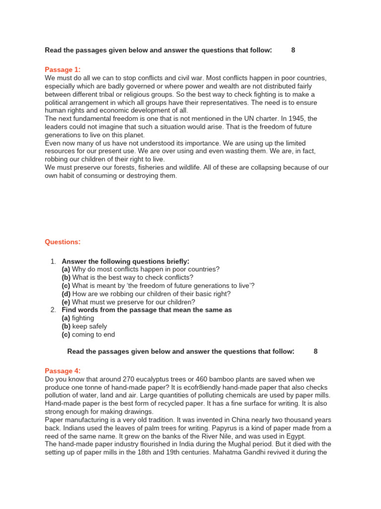 Read The Passages Given Below and Answer The Questions That Follow | PDF