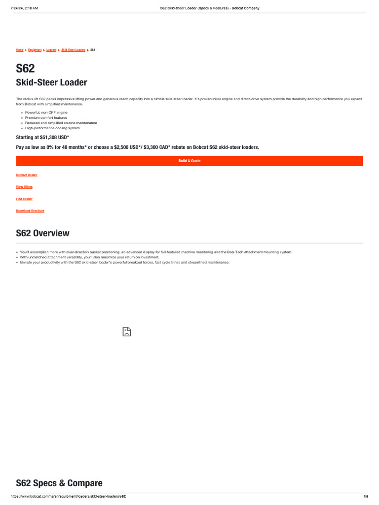 Bobcat S62 Skid-Steer Loader Specs | PDF | Loader (Equipment) | Horsepower