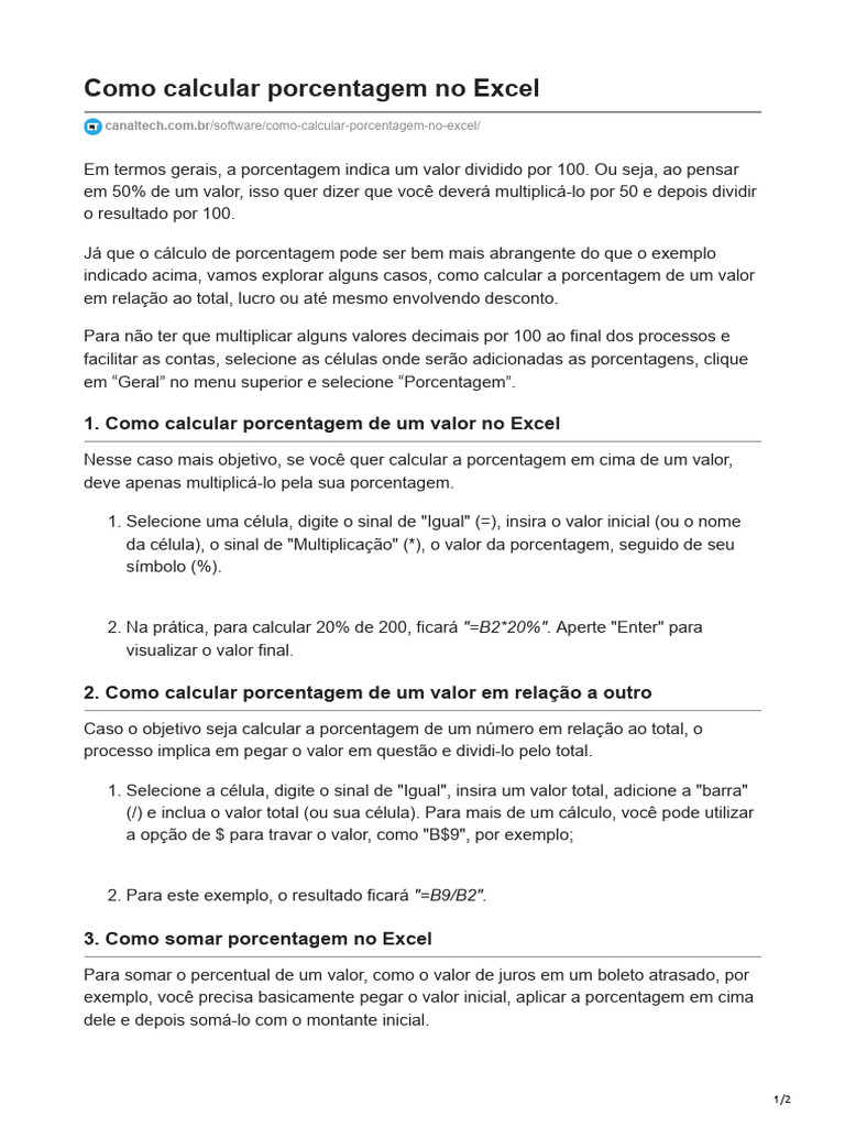 Como Calcular Percentual (Porcentagem) No Excel | PDF