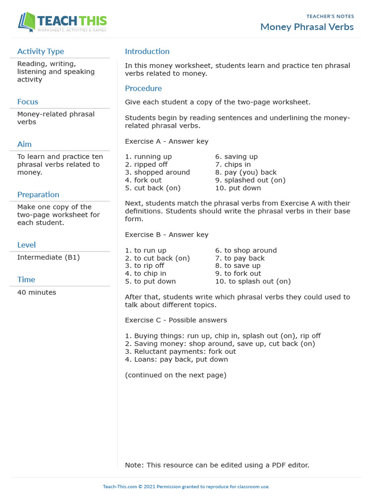 Money Phrasal Verbs | PDF