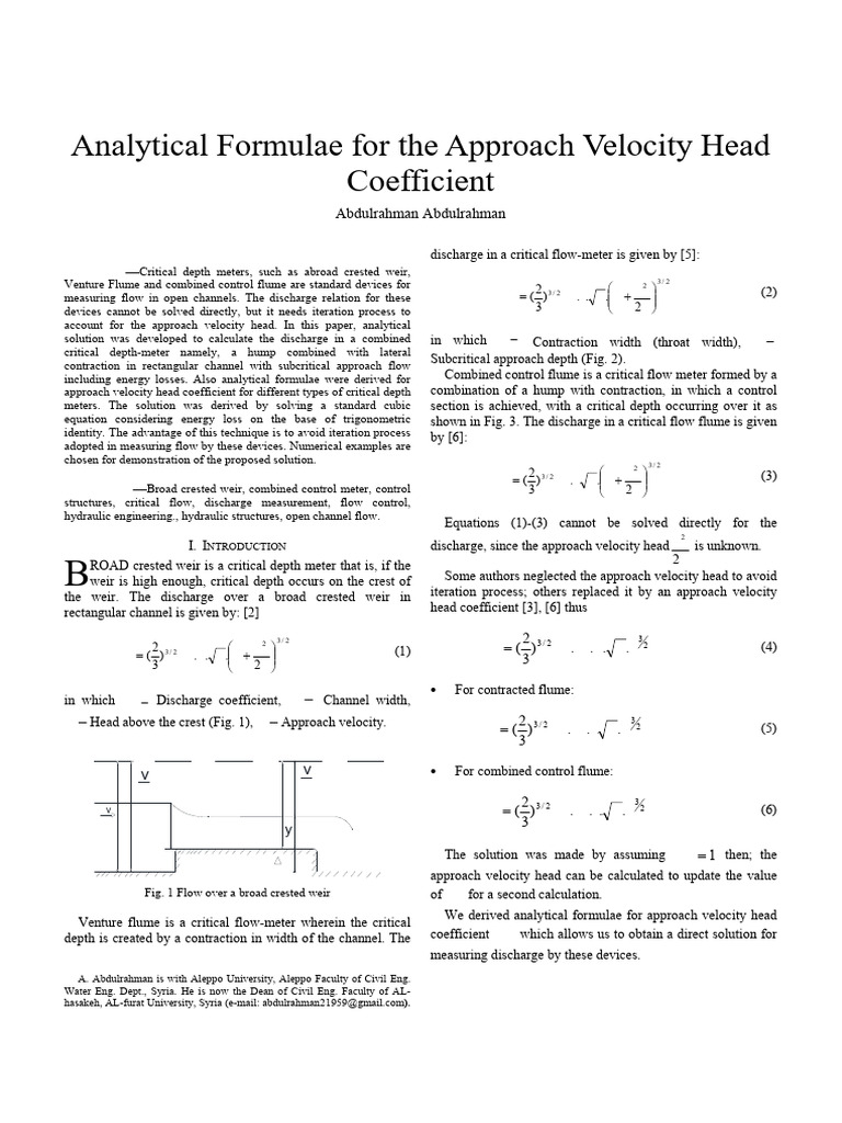 Analytical Formulae For The Approach Velocity Head Coefficient ...