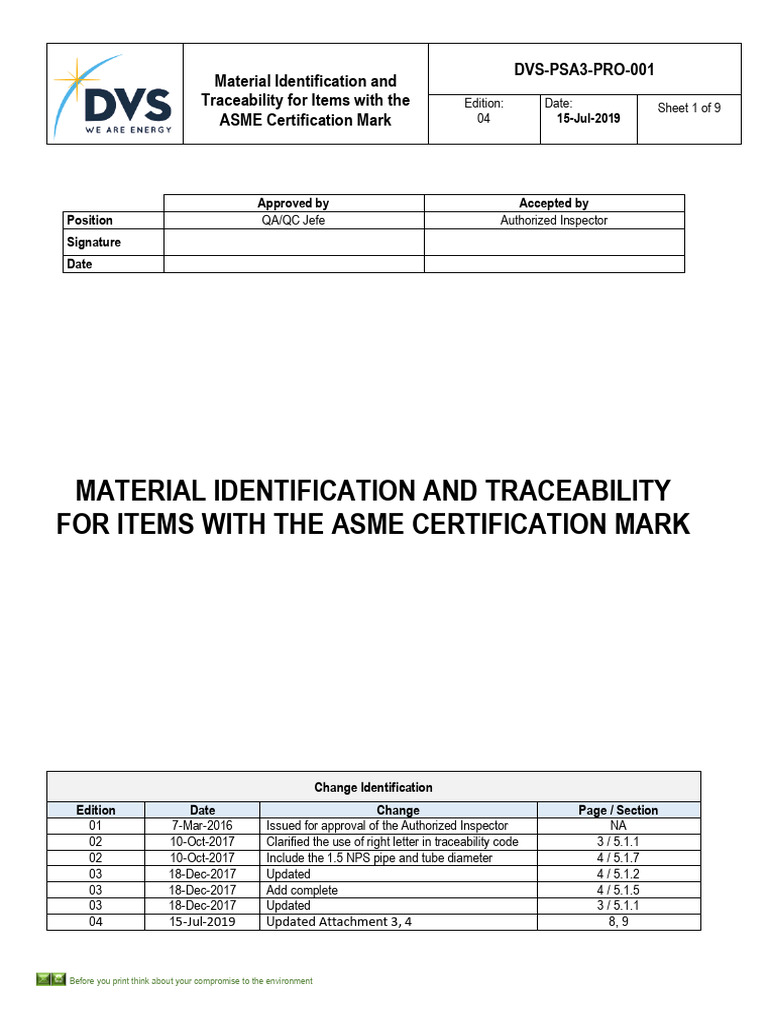 DVS-PSA3-PRO-001 Material Identification - Traceability - ASME Stamp Ed ...
