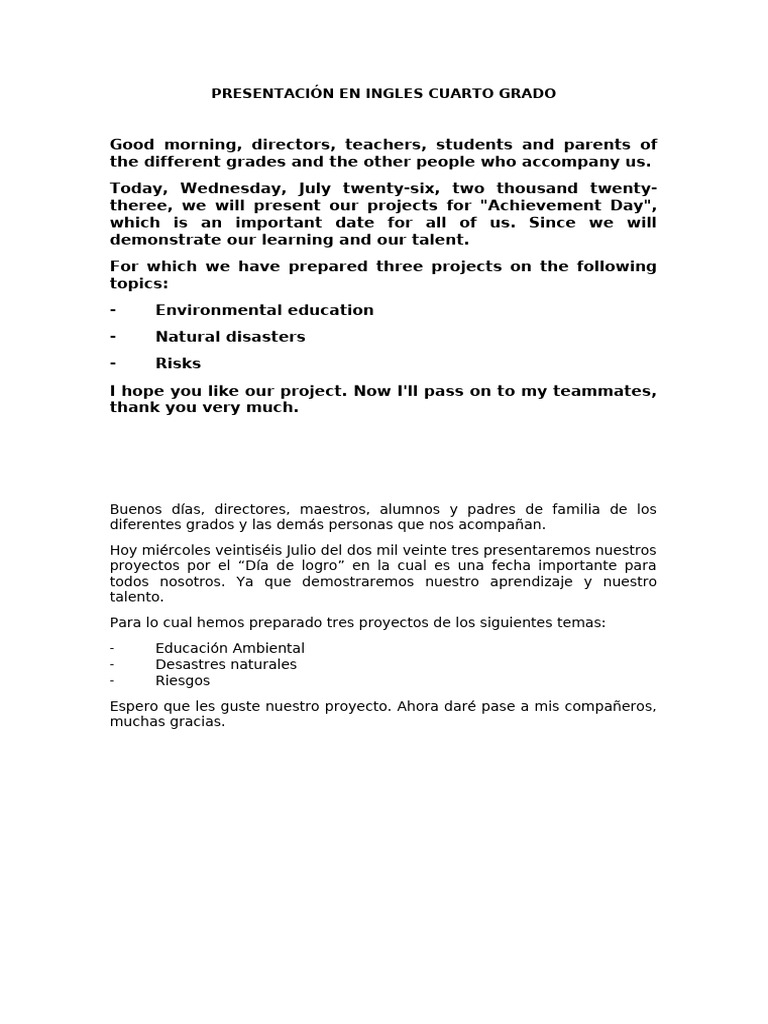 Presentación en Ingles Cuarto Grado | PDF