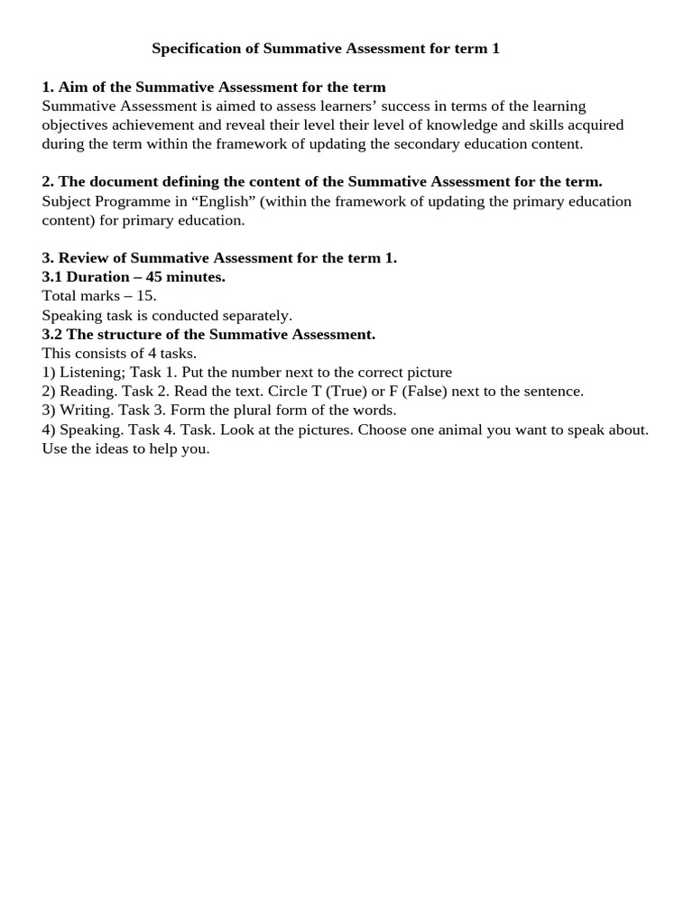 Specification of Summative Assessment For Term 1. 3 Grade | PDF