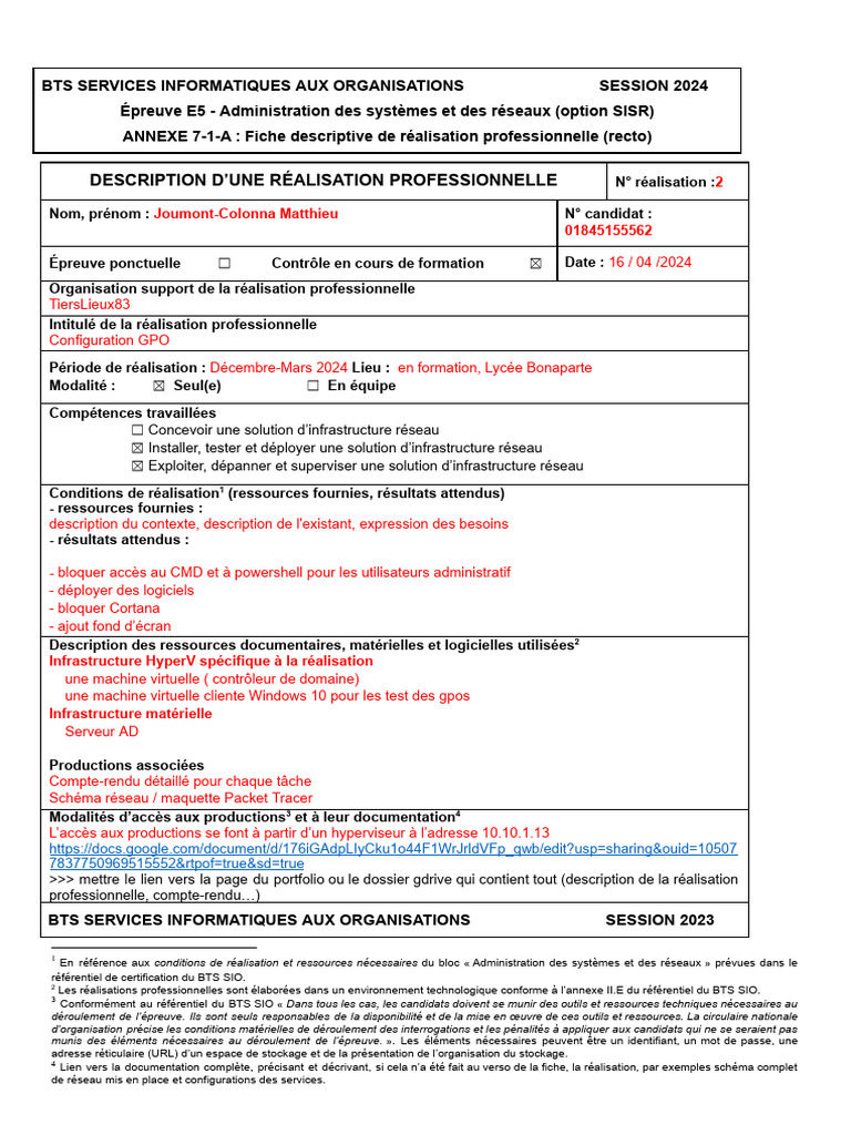 E5 SISR Fiche Descriptive TiersLieux GPO | PDF