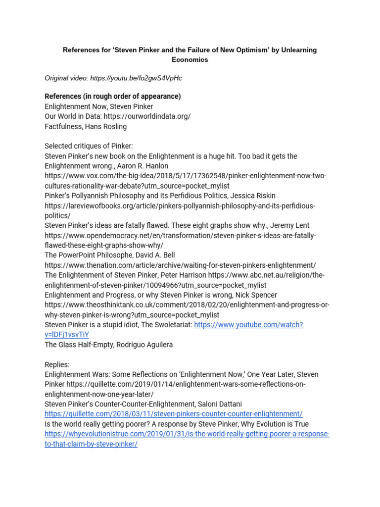 References For Steven Pinker and The Failure of New Optimism' by ...