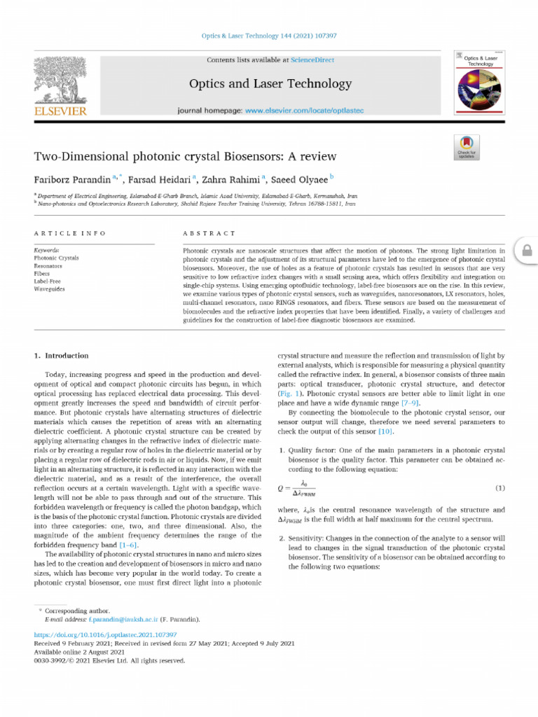 Two-Dimensional Photonic Crystal Biosensors - A Review - Elsevier Enhanced Reader | PDF
