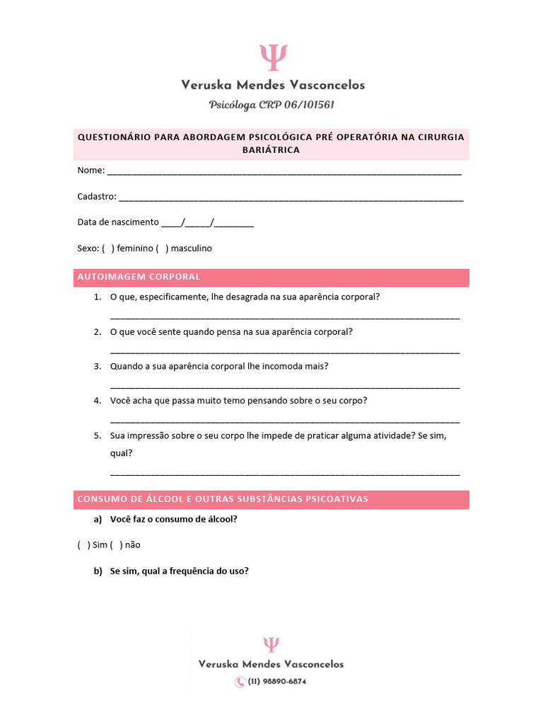 Microsoft Word - QuestionÃ¡rio BariÃ¡trica (Modelo Veruska) | PDF