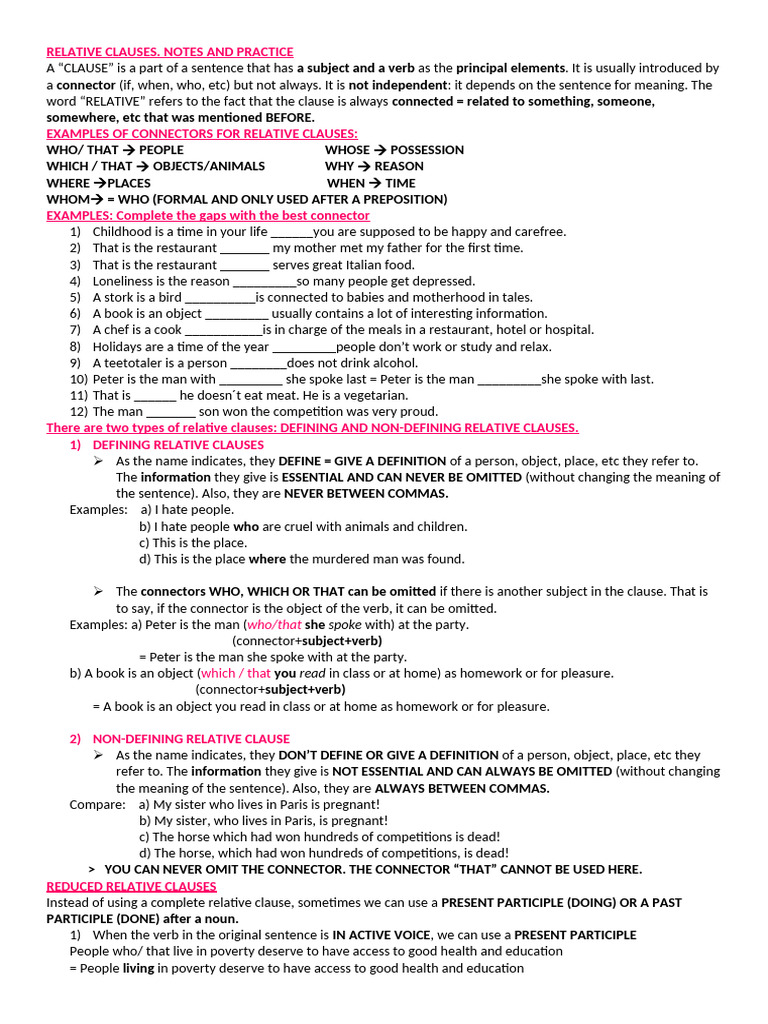 Relative Clauses - Notes and Practice | PDF