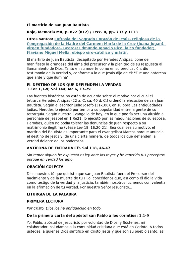 Misal Lecturas San Juan Bautista | PDF | Juan el Bautista | Jesús