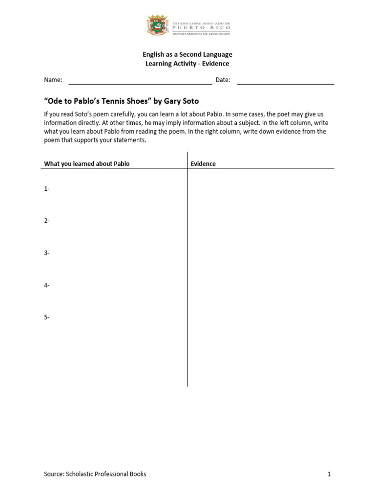 11.5 - Learning Activity - Evidence (1) Ode To Pablo's Tennis Shoes | PDF