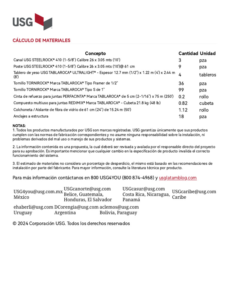 Calculadora de materiales USG Tablaroca _ Calcula tus materiales USG | PDF