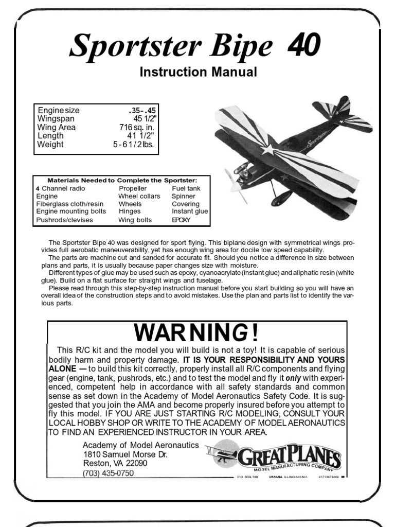 Building Instructions for the Sportster Bipe 40 R/C Biplane: A Step-by ...