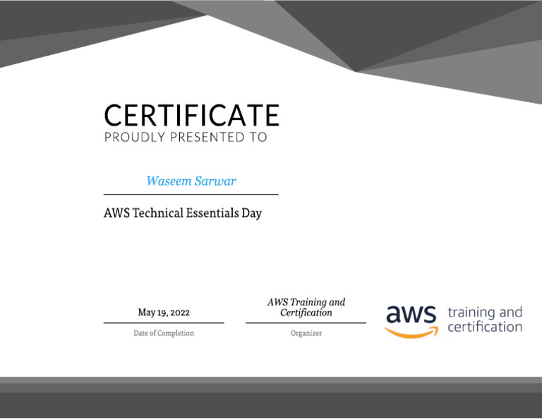 AWS Technical Essentials Day Certificate | PDF
