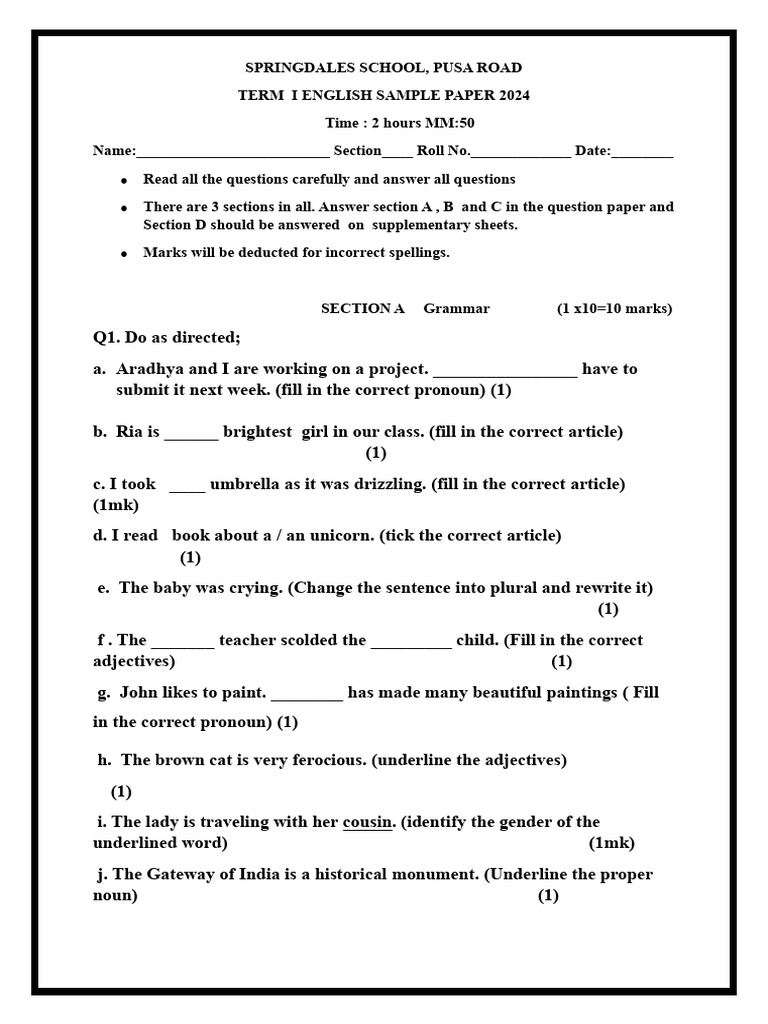 std.4 ENGLISH SAMPLE SHEET-1-1 | PDF | Grammar | Language Arts & Discipline