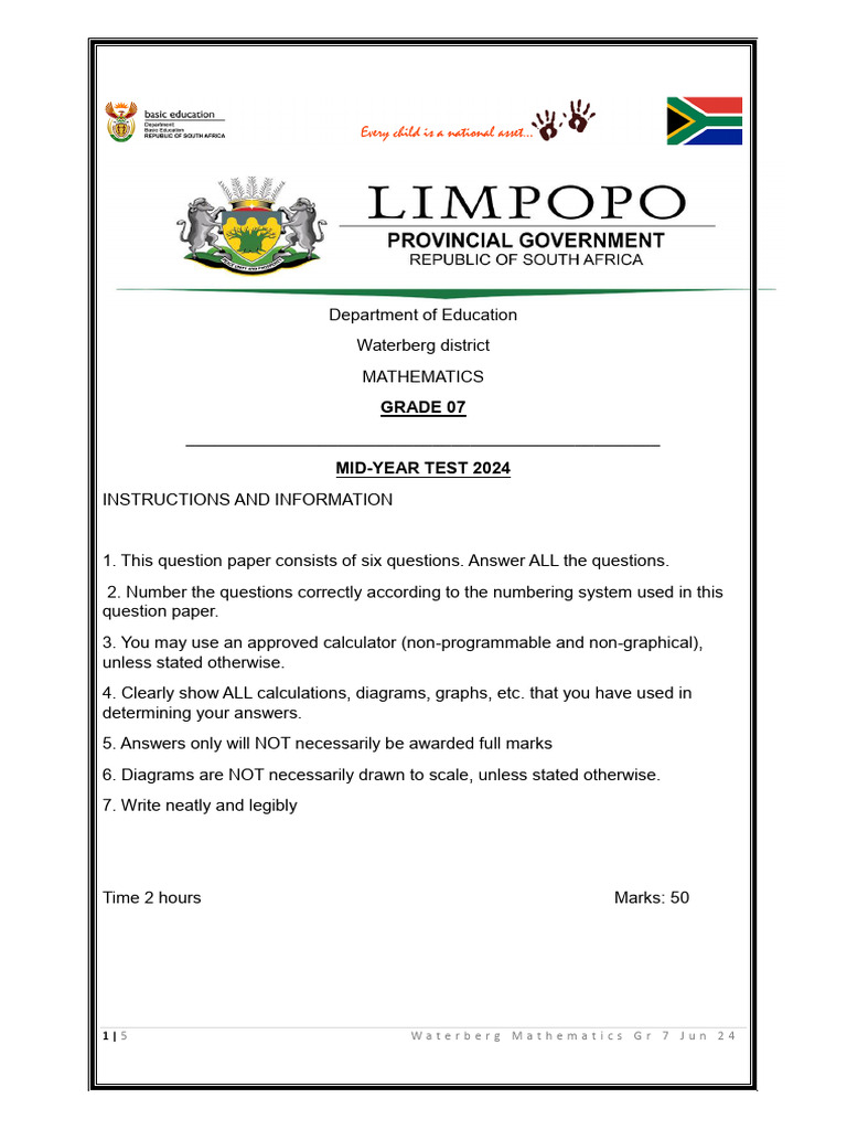 Grade 7 Mathematics Mid-Year Test 2024 | PDF | Numbers | Exponentiation