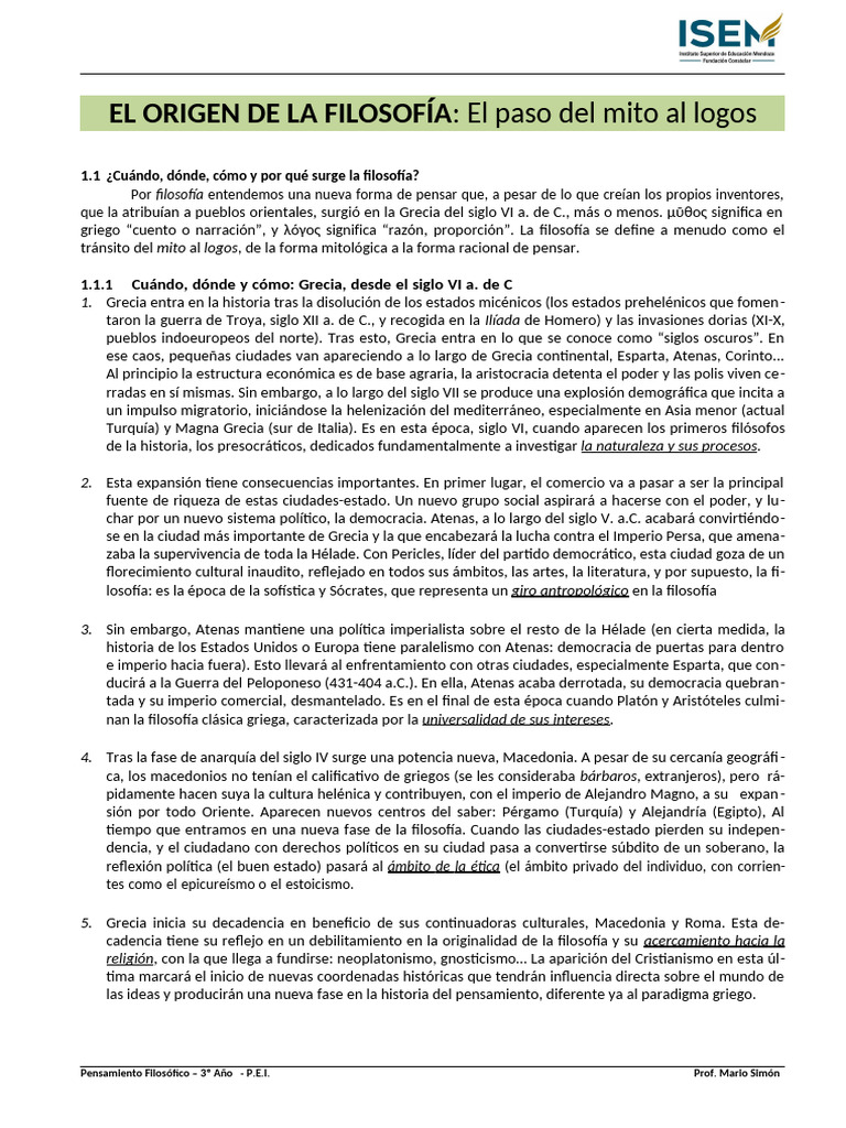 EL ORIGEN DE LA FILOSOFÍA El Paso Del Mito Al Logos | PDF