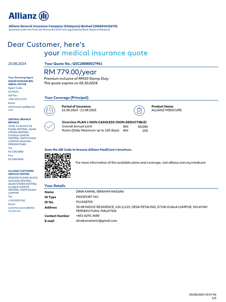 Allianz Medical Insurance Quote Details | PDF | Insurance | Employment