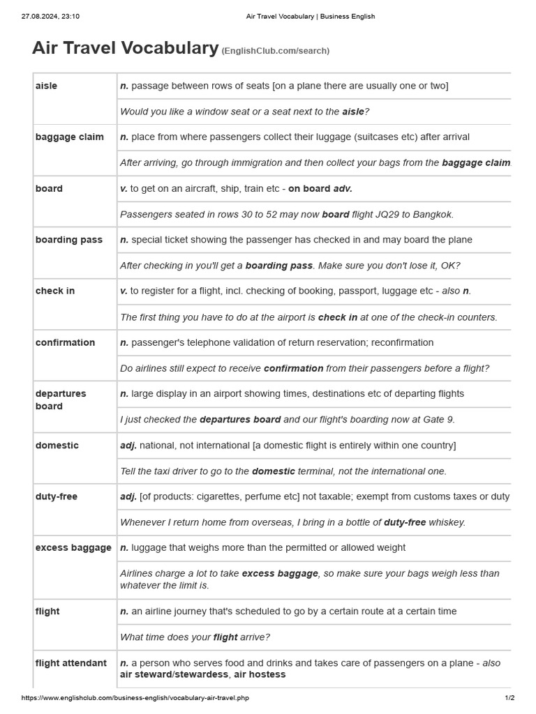 Air Travel Vocabulary _ Business English | PDF