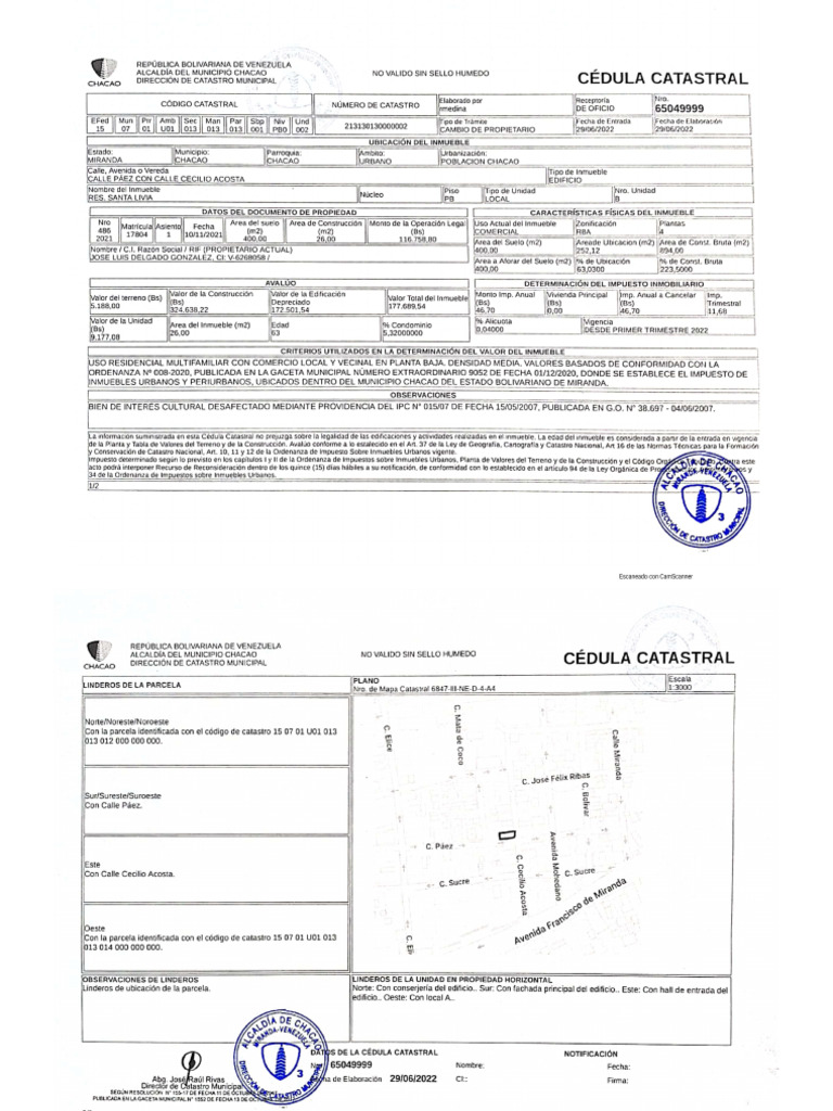 Cédula Catastral Local Chacao A Nombre de José L.Delgado | PDF