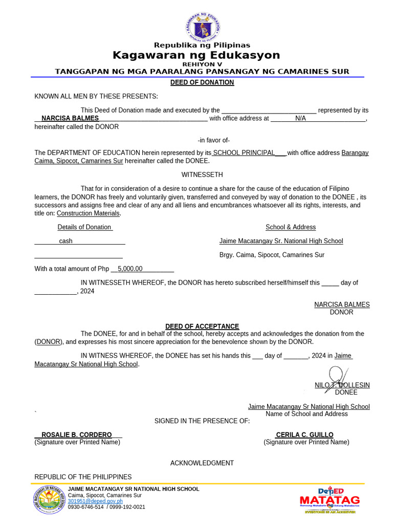 WINS - Deed of Donation and Acceptance | PDF | Natural Resources Law | Common Law