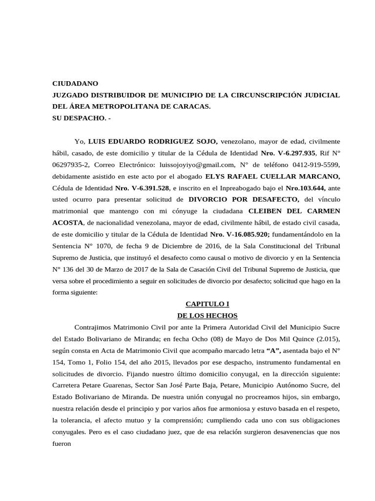 Divorcio Por Desafecto Luis Rodriguez Sin Hijos Ni Bienes (Cristiano) 2023 | PDF