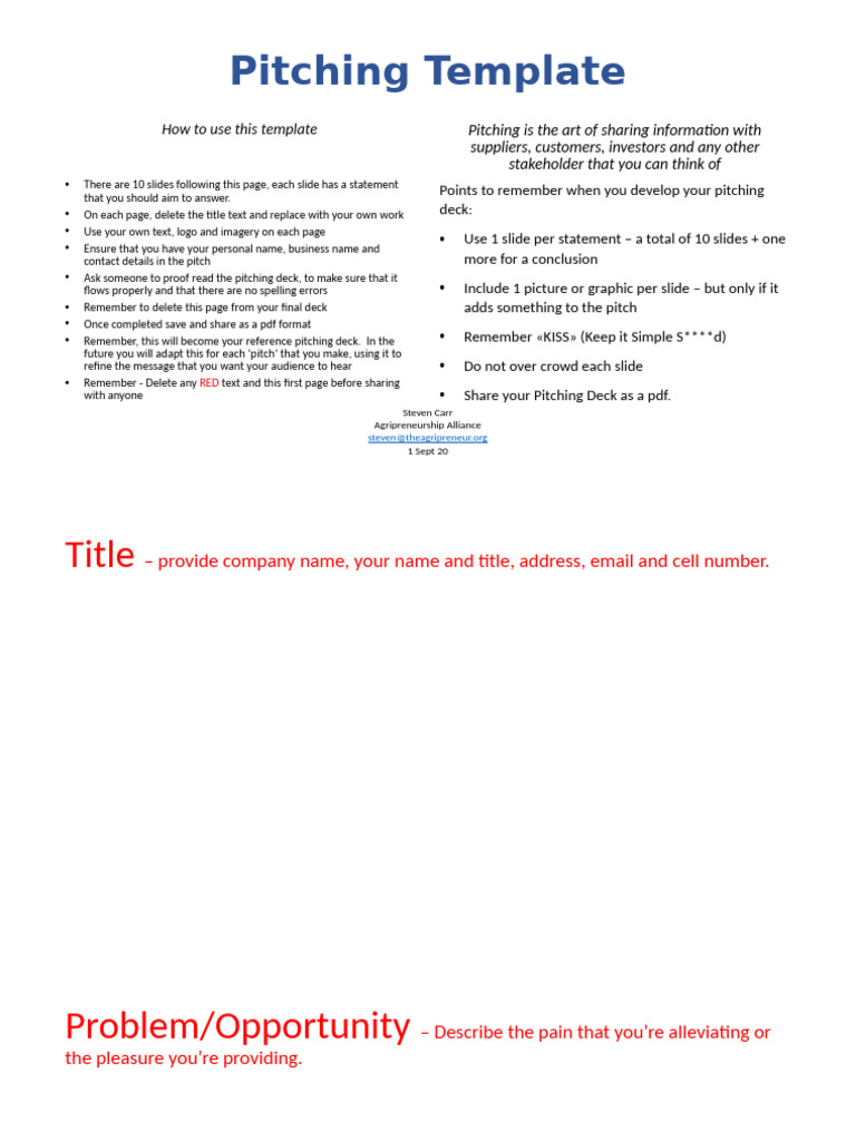 Pitching Deck Template (Course Format) | PDF