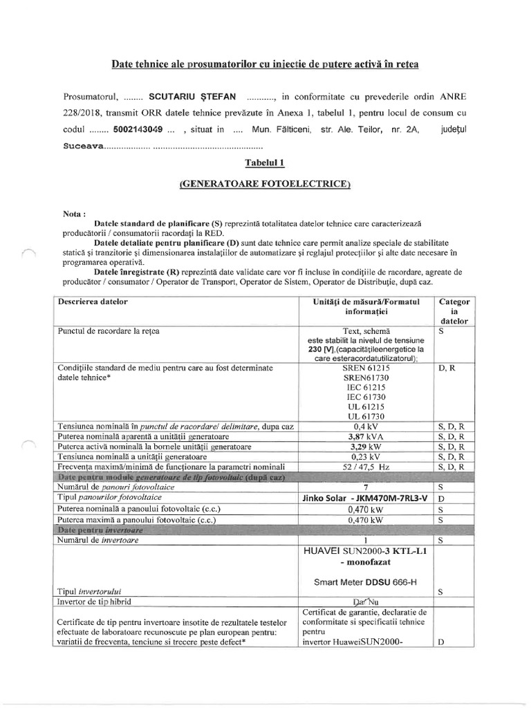 02 - Ordin ANRE 228-2018 - Anexa 1 - Date Prosumator Cu Injectie - Scutariu S - Semnat | PDF