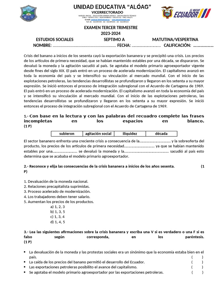 Examen Eess-7mo A Egb-3er Trimestre | PDF