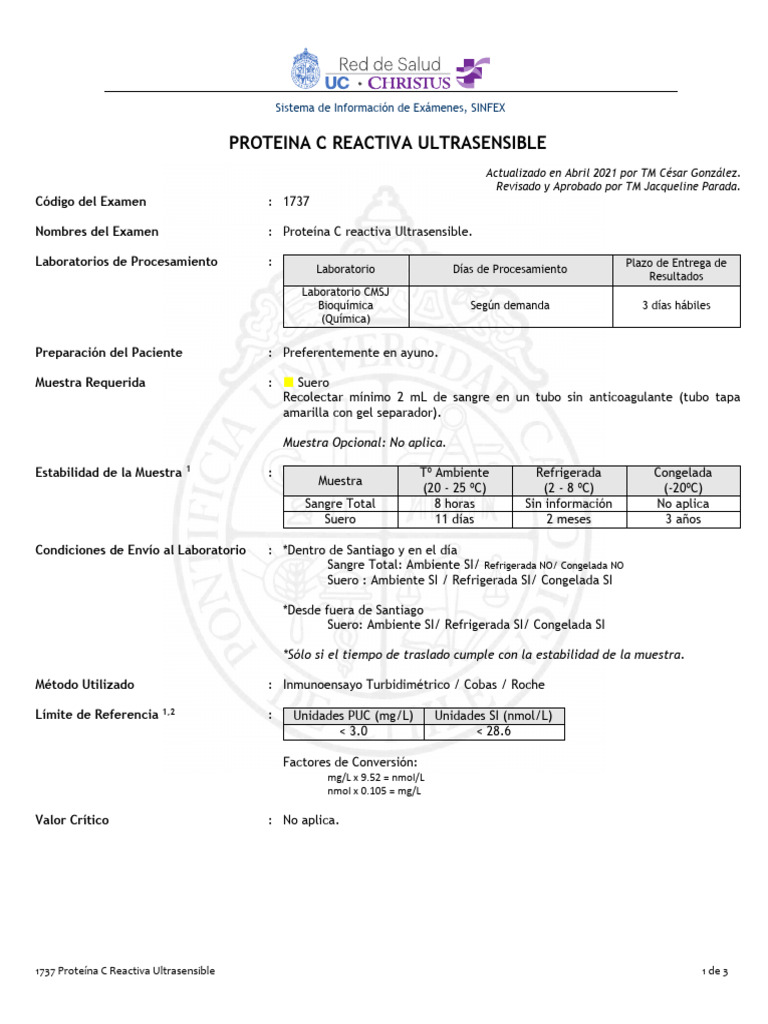 Proteina C Reactiva Ultrasensible | PDF