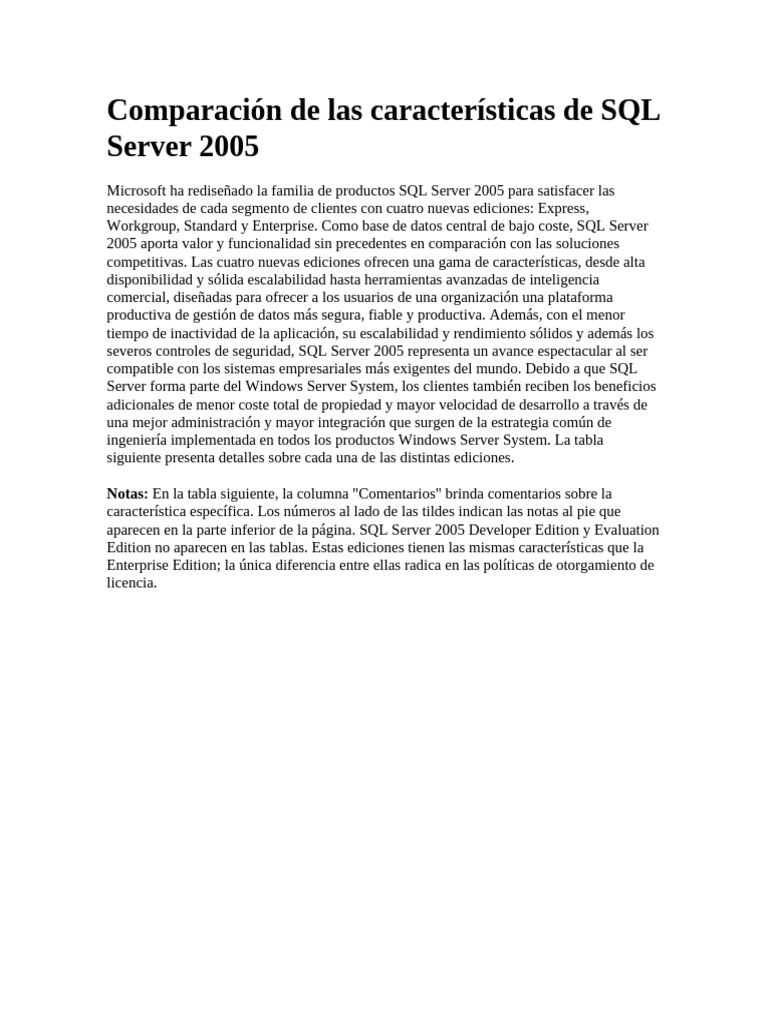 Comparación de Las Características de SQL Server 2005 | PDF