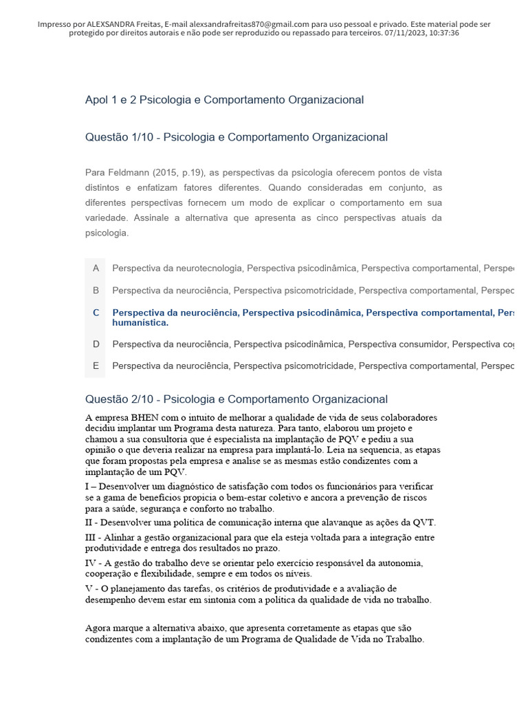 Apol 1 e 2 Psicologia e Comportamento Organizacional - Passei Direto | PDF