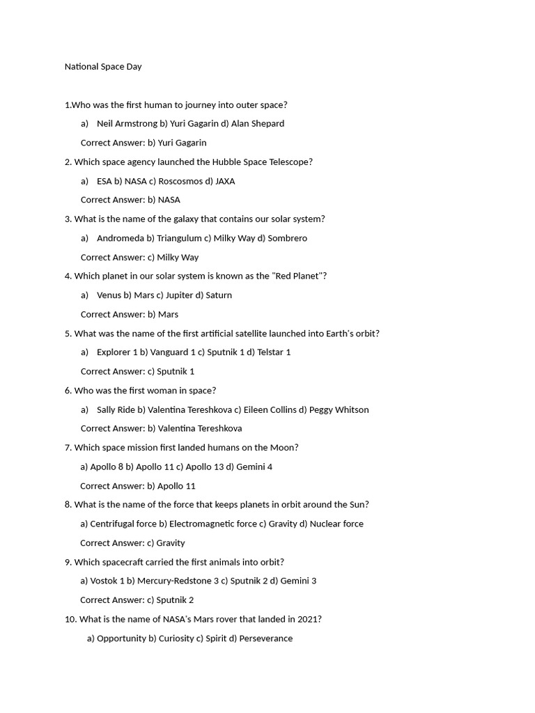National Space Day Quiz | PDF