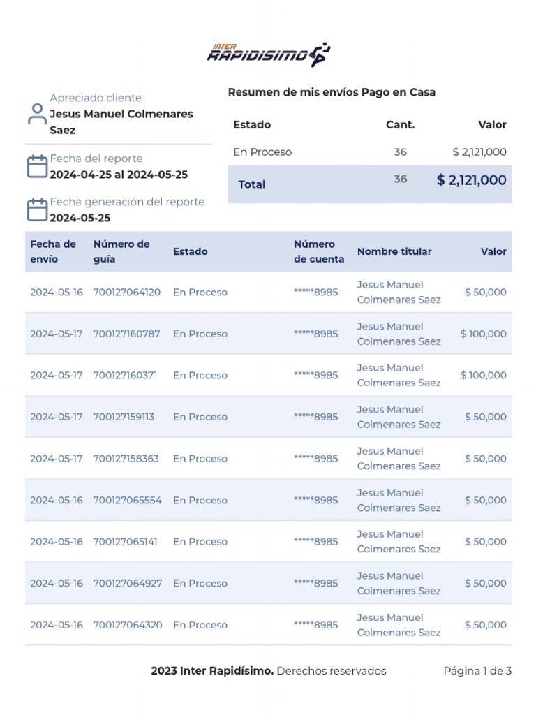 Reporte Mis Envios Pago en Casa 25052024 | PDF