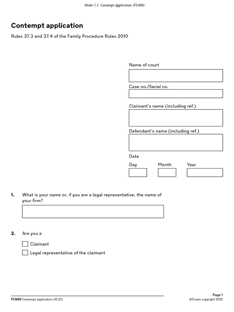 Order 5.1 - Contempt Application (FC600) | PDF | Contempt Of Court | Right To Silence