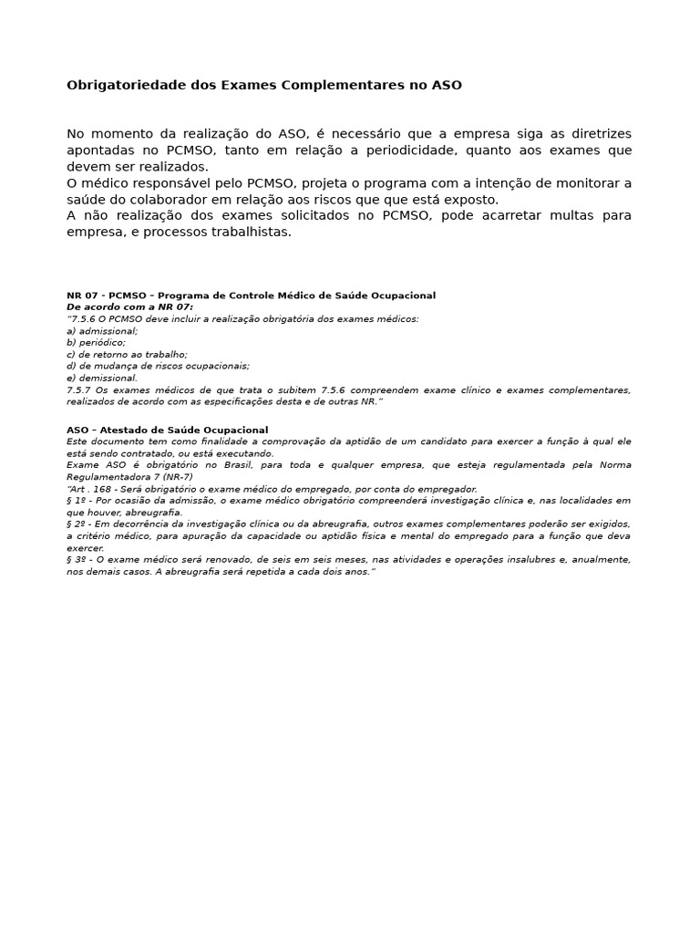 Obrigatoriedade Dos Exames Complementares No ASO | PDF