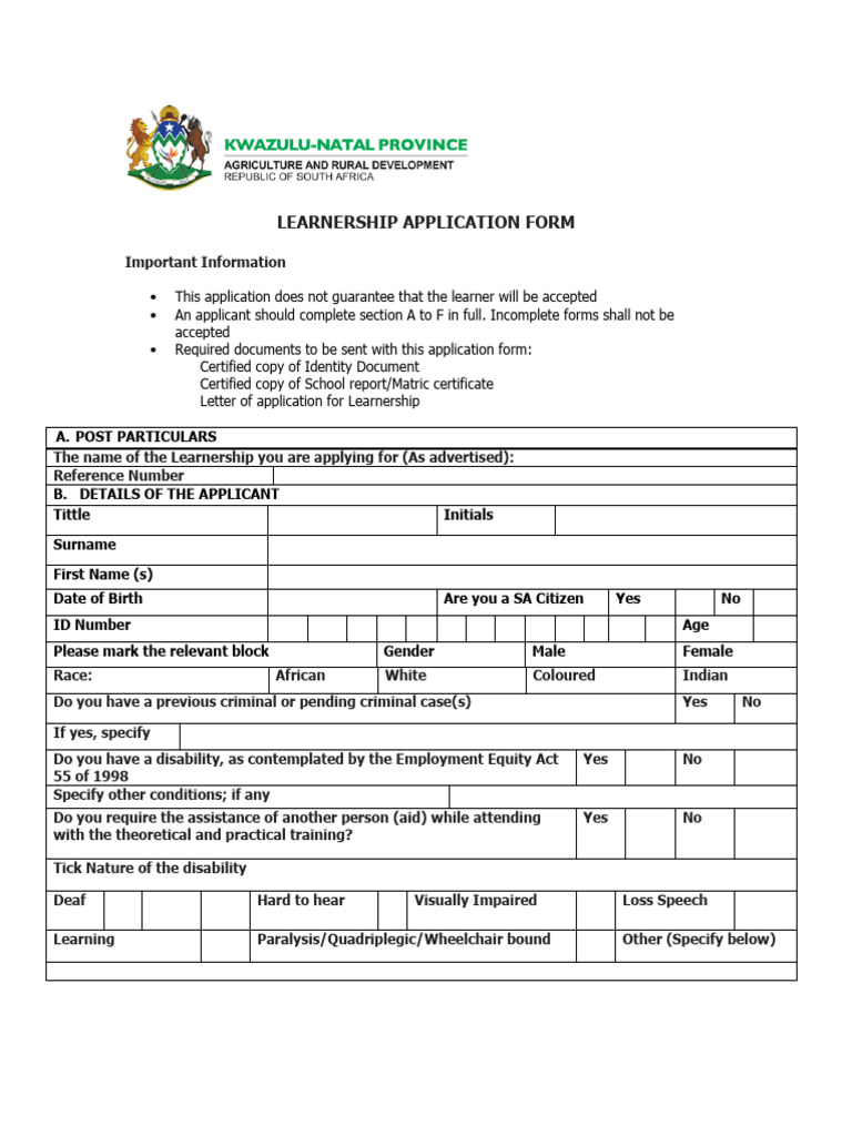 Learnership Application Form 2024 | PDF | Disability | Indemnity