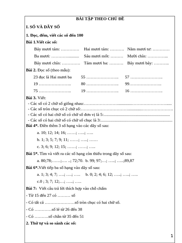 73 Bai Tap On He Theo Chu de Mon Toan Lop 1 Len Lop 2 | PDF