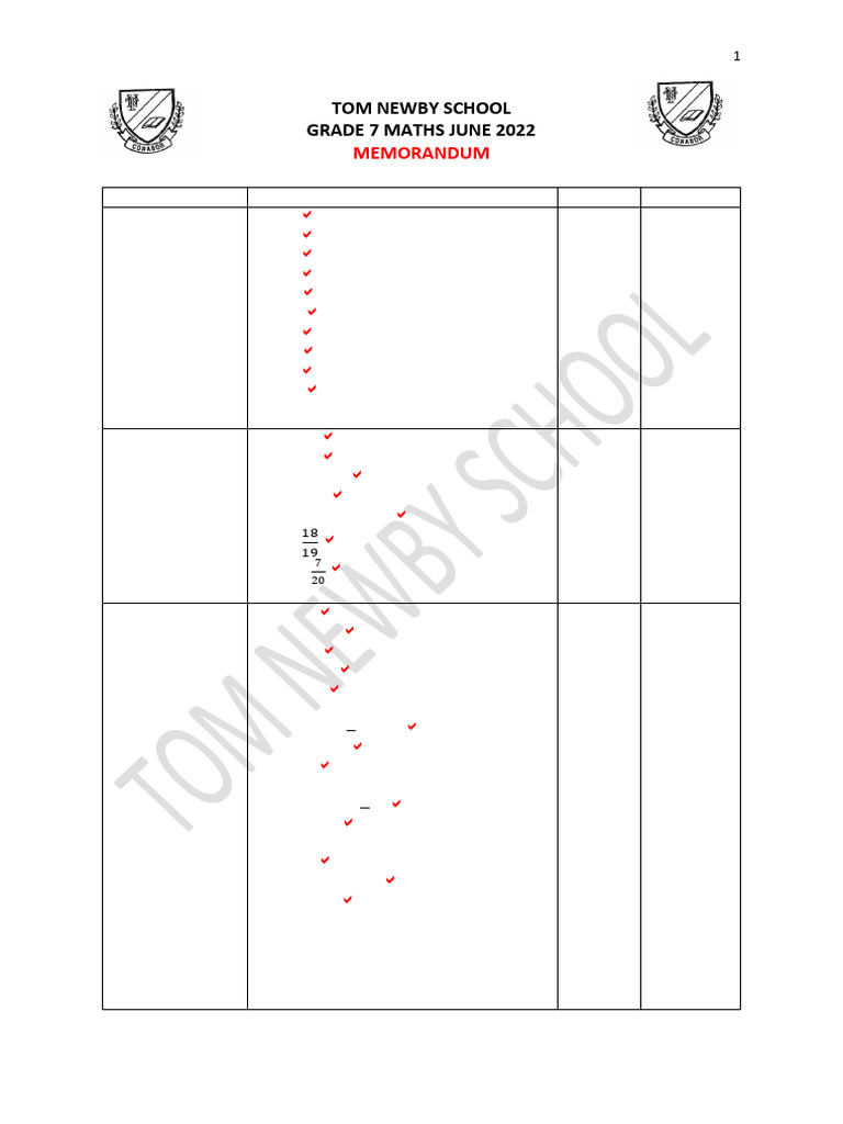 Grade 7 Maths Memo June 2022 | PDF