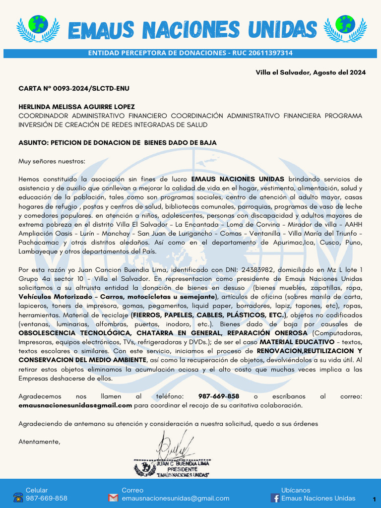 Carta SN Asociacion Emaus Naciones Unidas | PDF