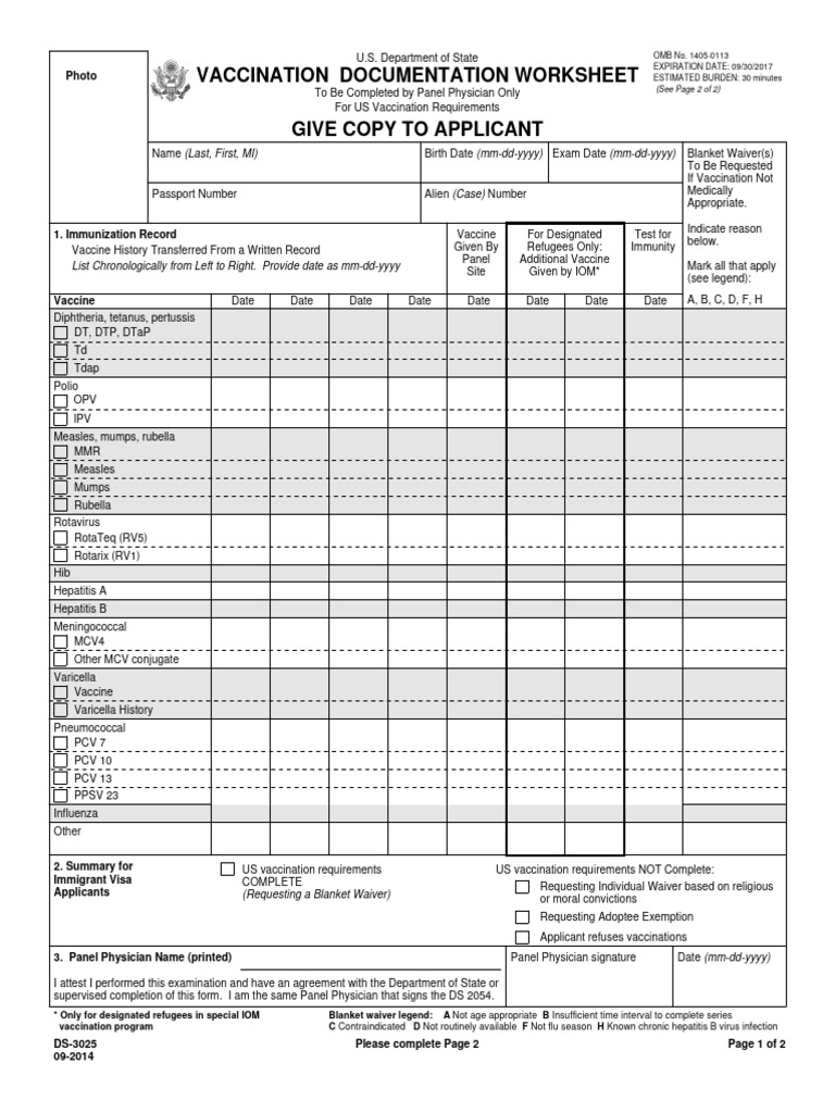 Main Form Ds 3025 Vaccination Documentation Worksheet | PDF
