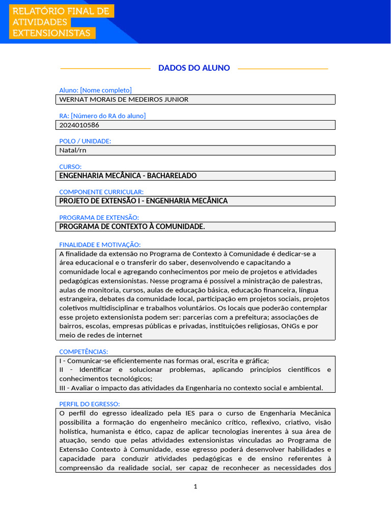 Relatório Final Engenharia Mecânica Bacharelado Projeto De Extensão I