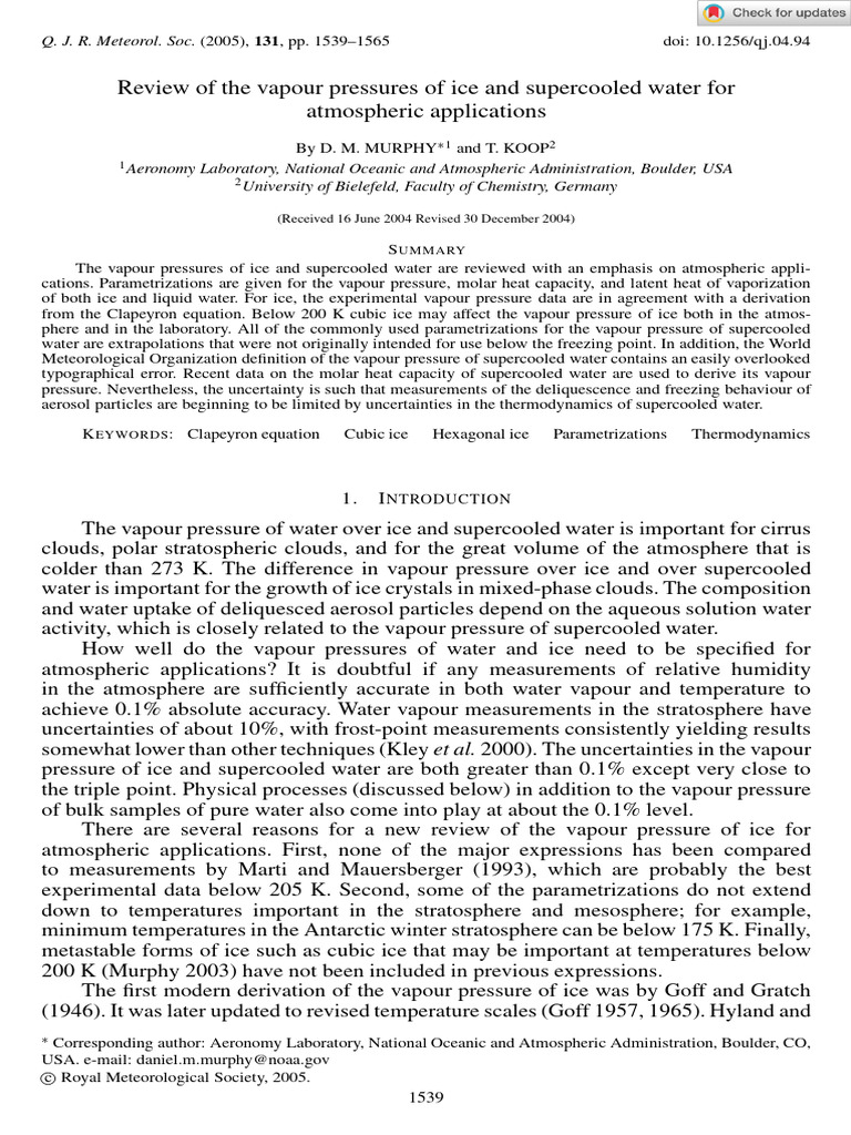 Vapour Pressures of Ice and Water - Read For Saturation Ratio S | PDF