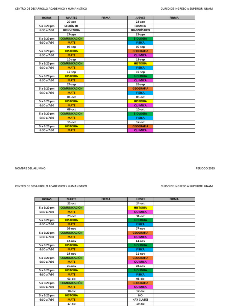 Horario Unam 2025 | PDF