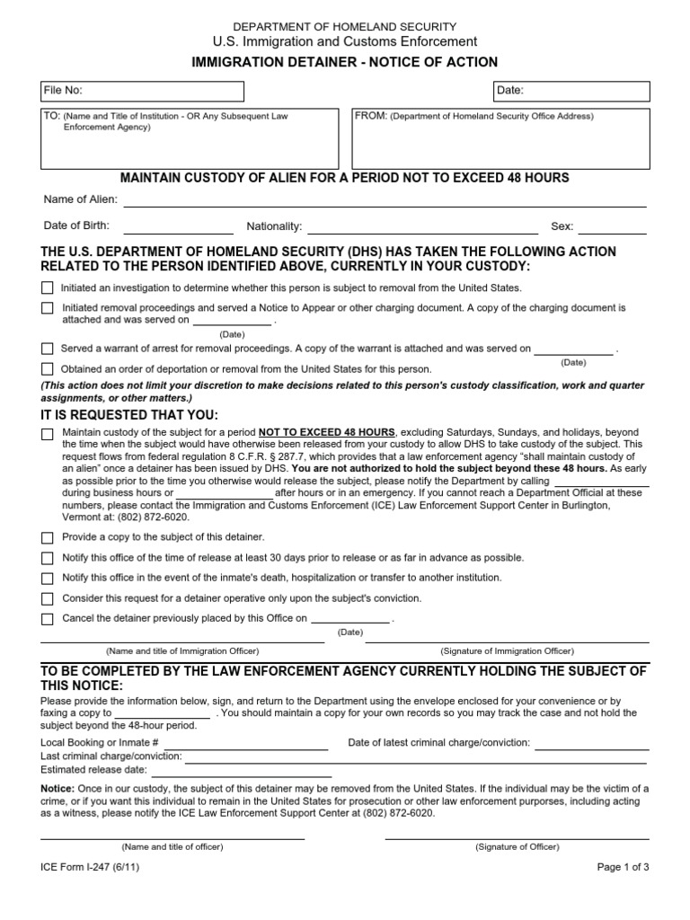 Immigration and Customs Enforcement - Detainer Form (June 2011) | U.S ...