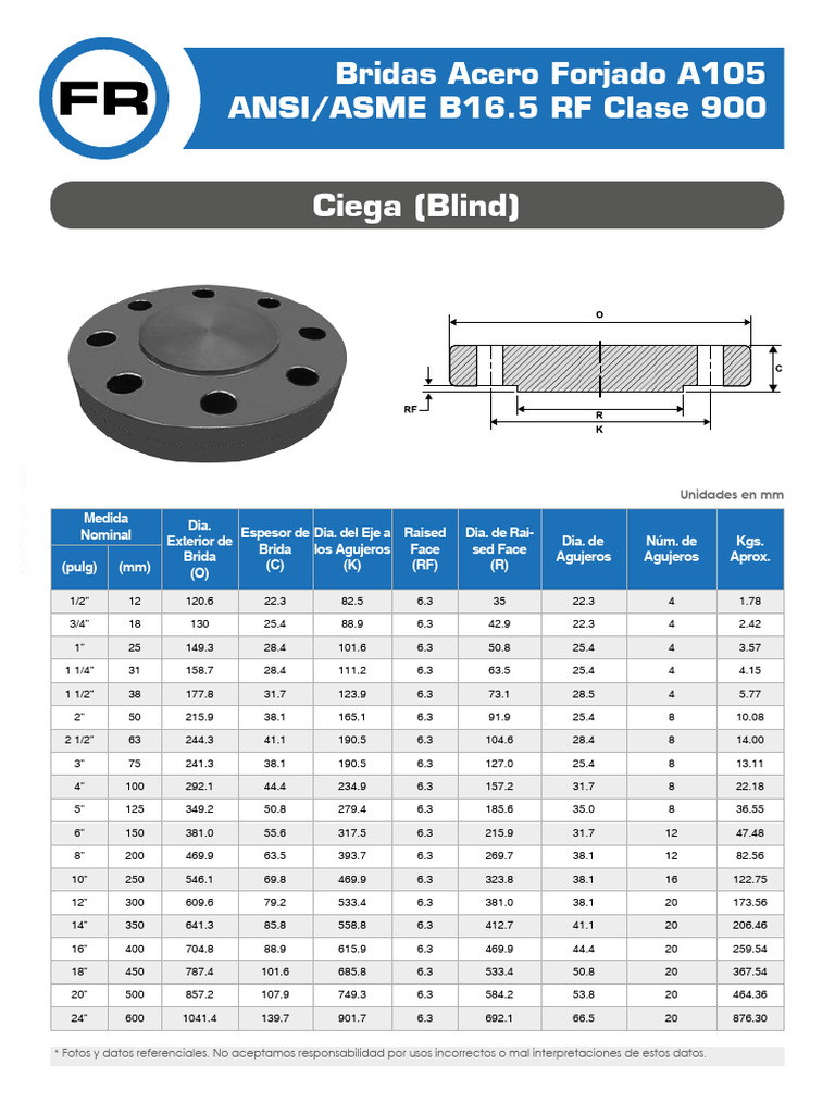 Ciega (Blind) : Bridas Acero Forjado A105 ANSI/ASME B16.5 RF Clase 900 | PDF