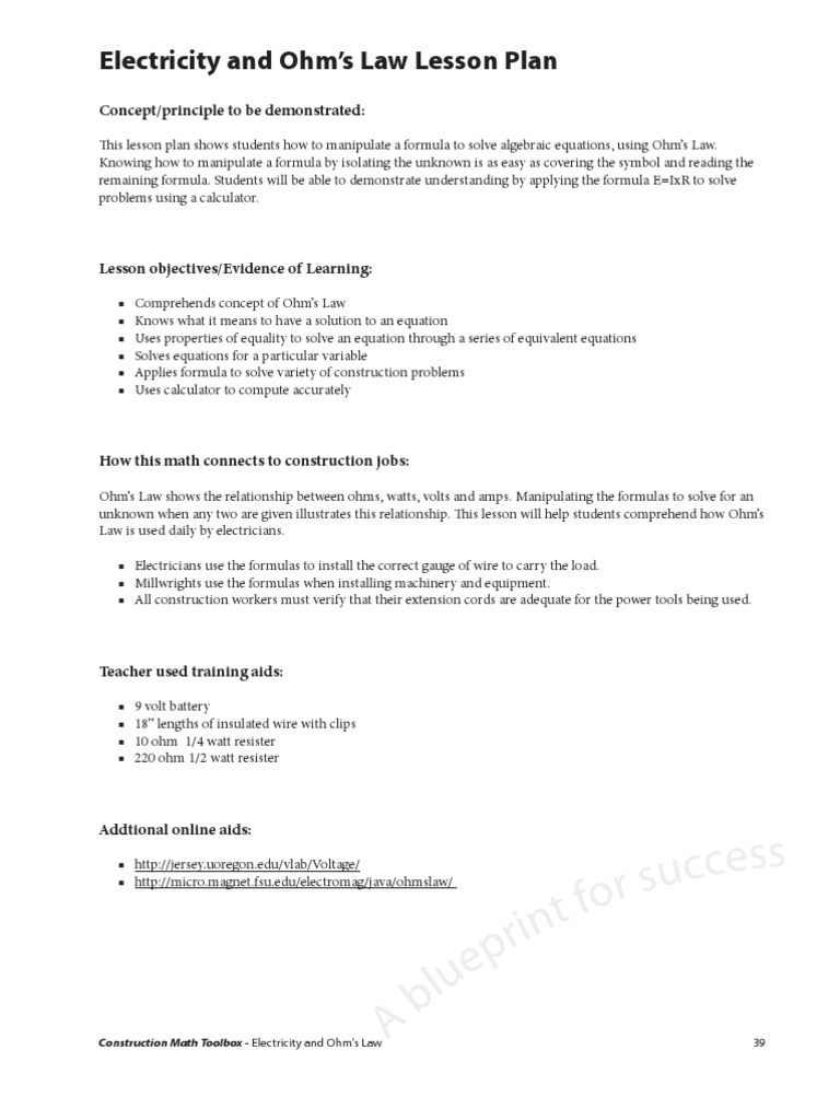 Electricity and Ohm's Law Lesson Plan: Concept/principle To Be ...
