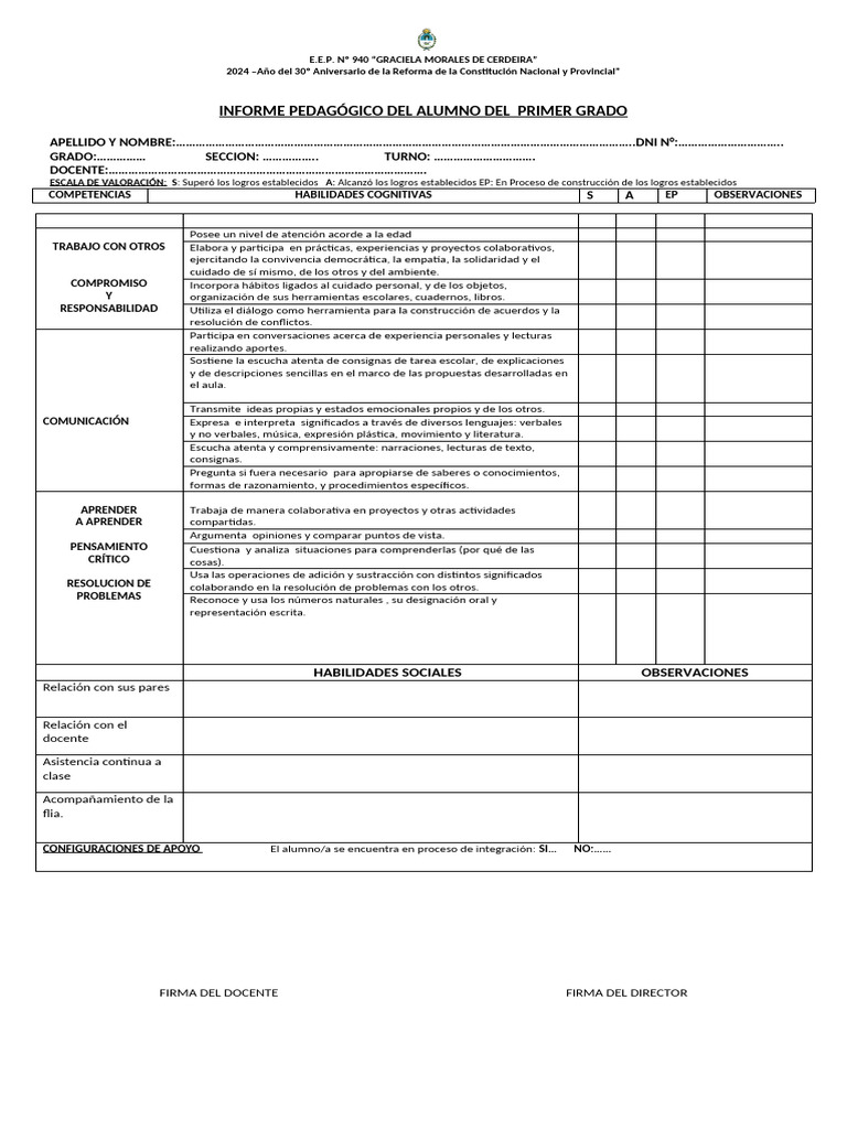 Informe Pedagógico Del Alumno Del Primer Grado E.E.P N940 2024 | PDF